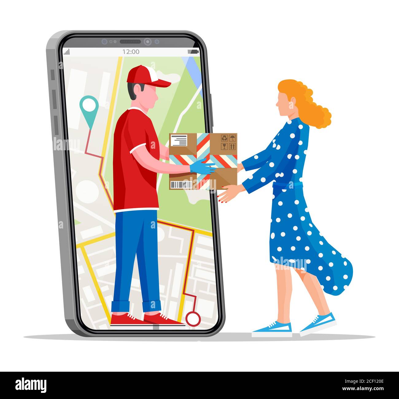 Woman receive cardboard box from man. Courier in smartphone holds ...