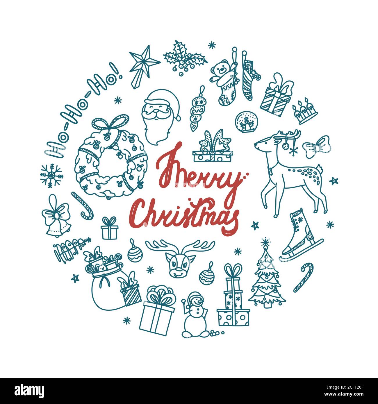 Circle design of Christmas doodle with all holiday objects. Hand drawn ...