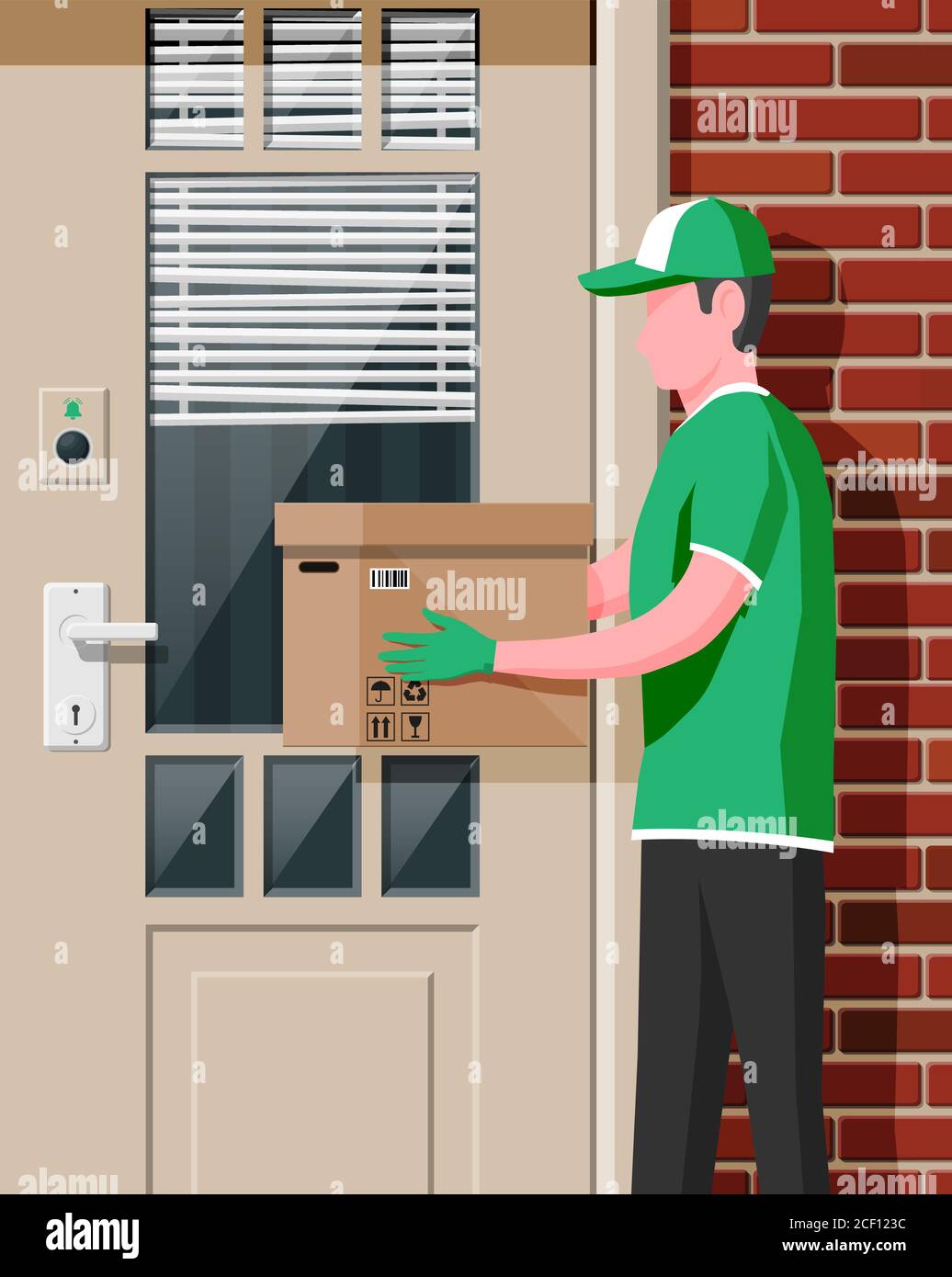 Man left cardboard boxes with goods near house facade. Courier ...