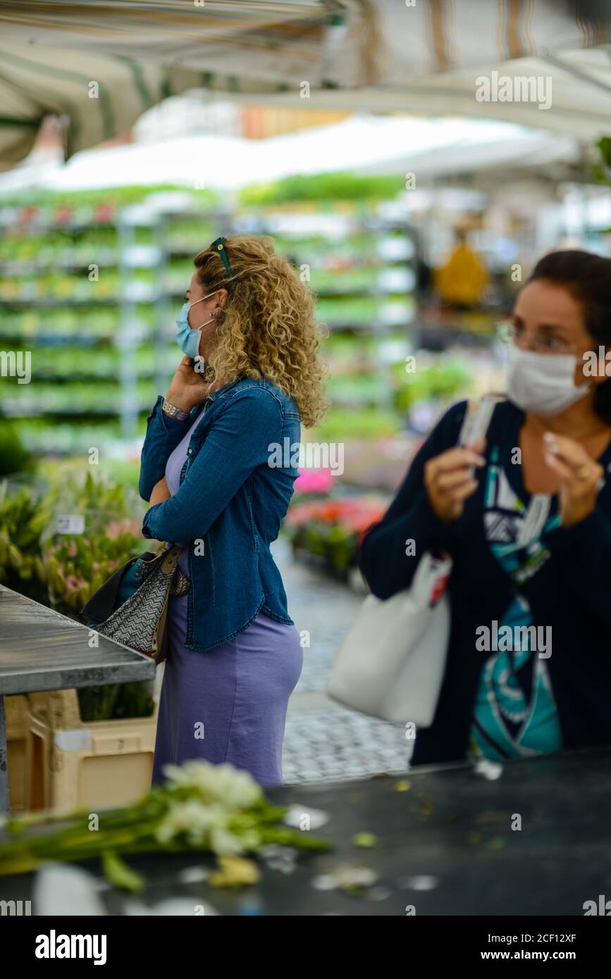 Cremona, Italy - September 2020 Flower and plant vendor at the weekly ...