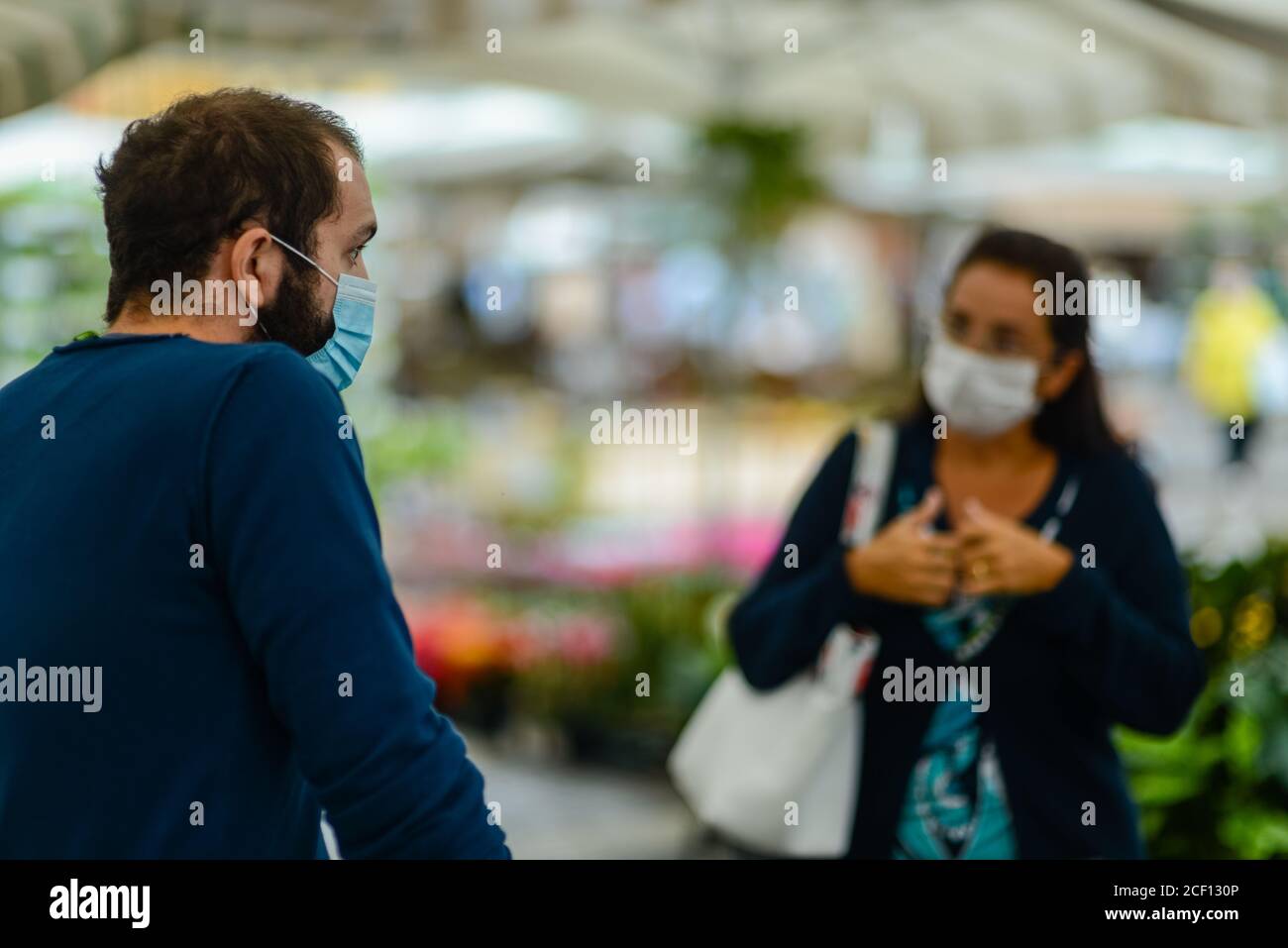 Cremona, Italy - September 2020 Flower and plant vendor at the weekly ...