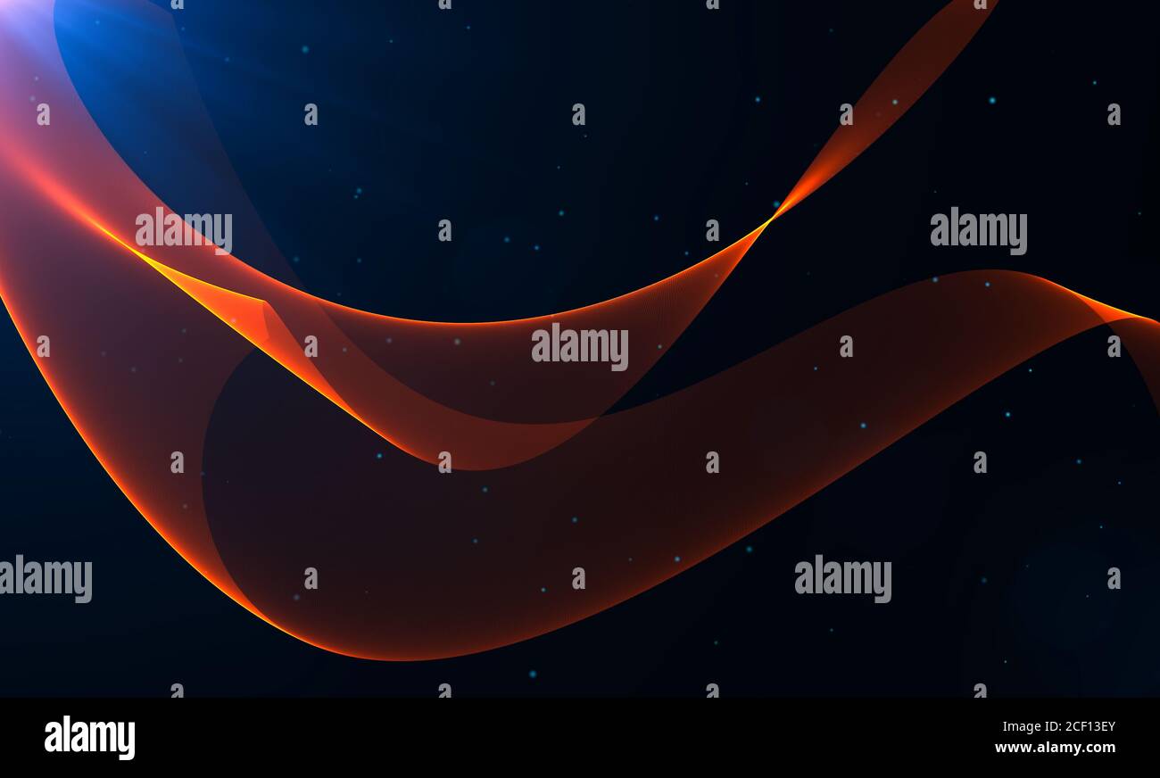 Orange line wave with small particle dots on black. Abstract background ...