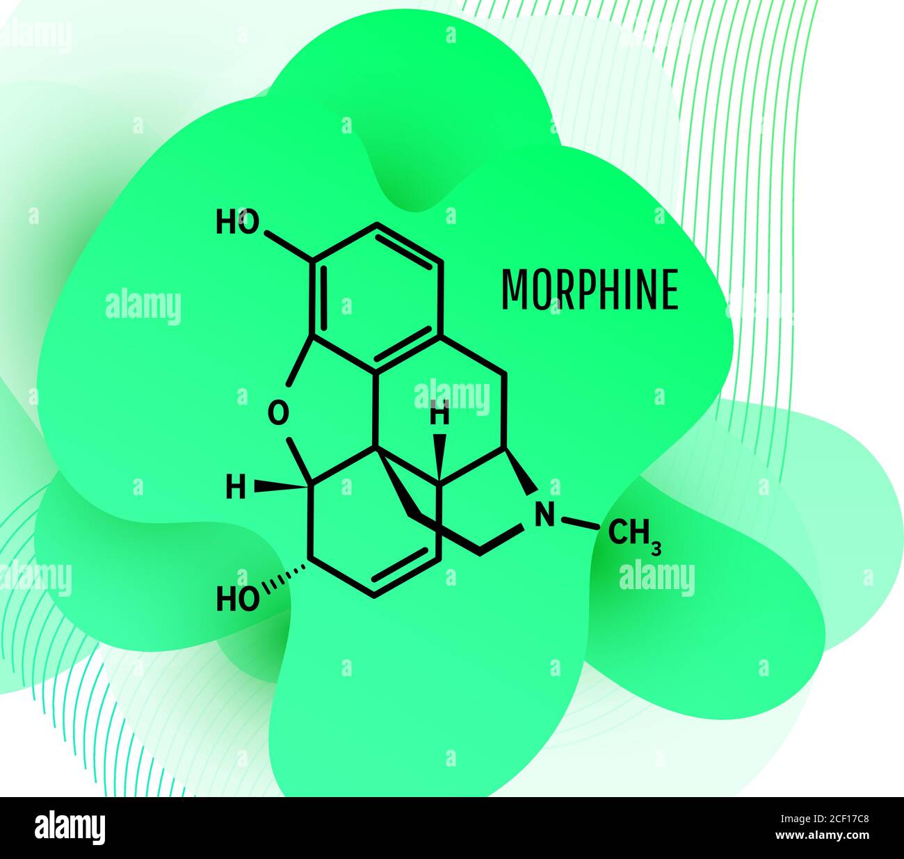 Morphine chemical formula, opium alkaloid with green liquid fluid ...