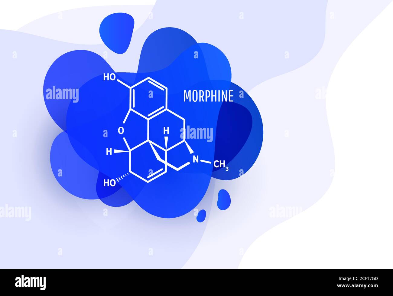 Morphine chemical formula, opium alkaloid with blue liquid fluid shapes ...