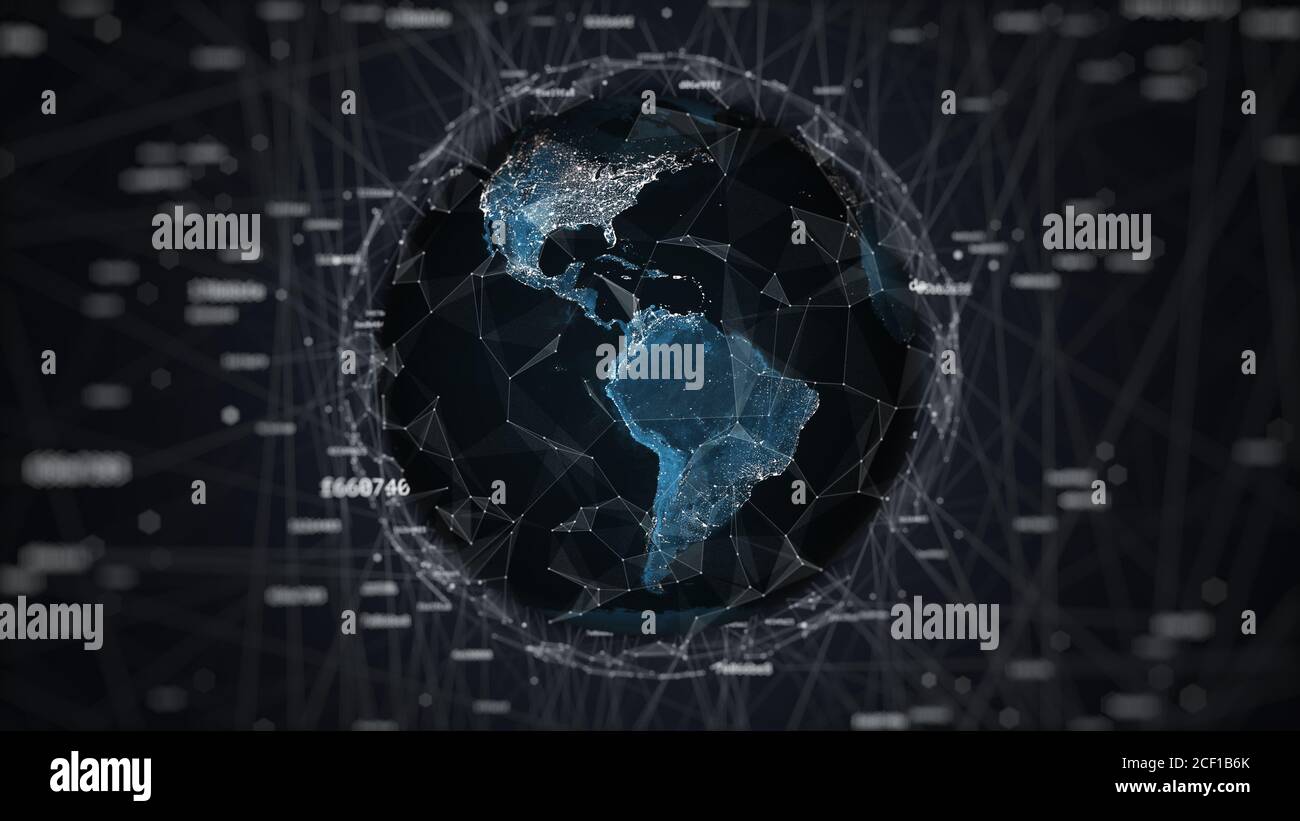 3D illustration of earth globe in geometric chaos with digital noise ...