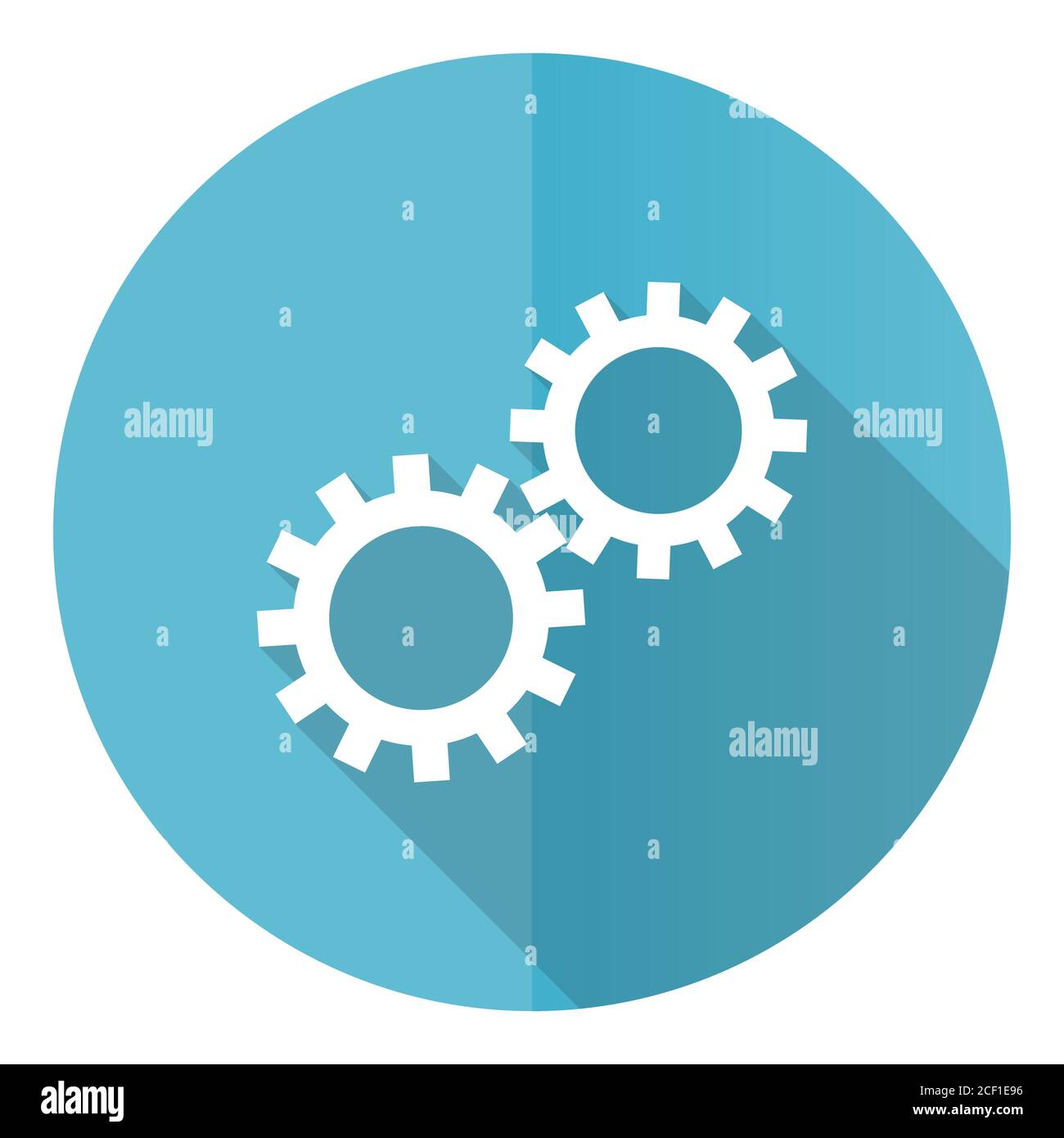 Gear vector icon, cogwheel flat design blue round web button isolated ...