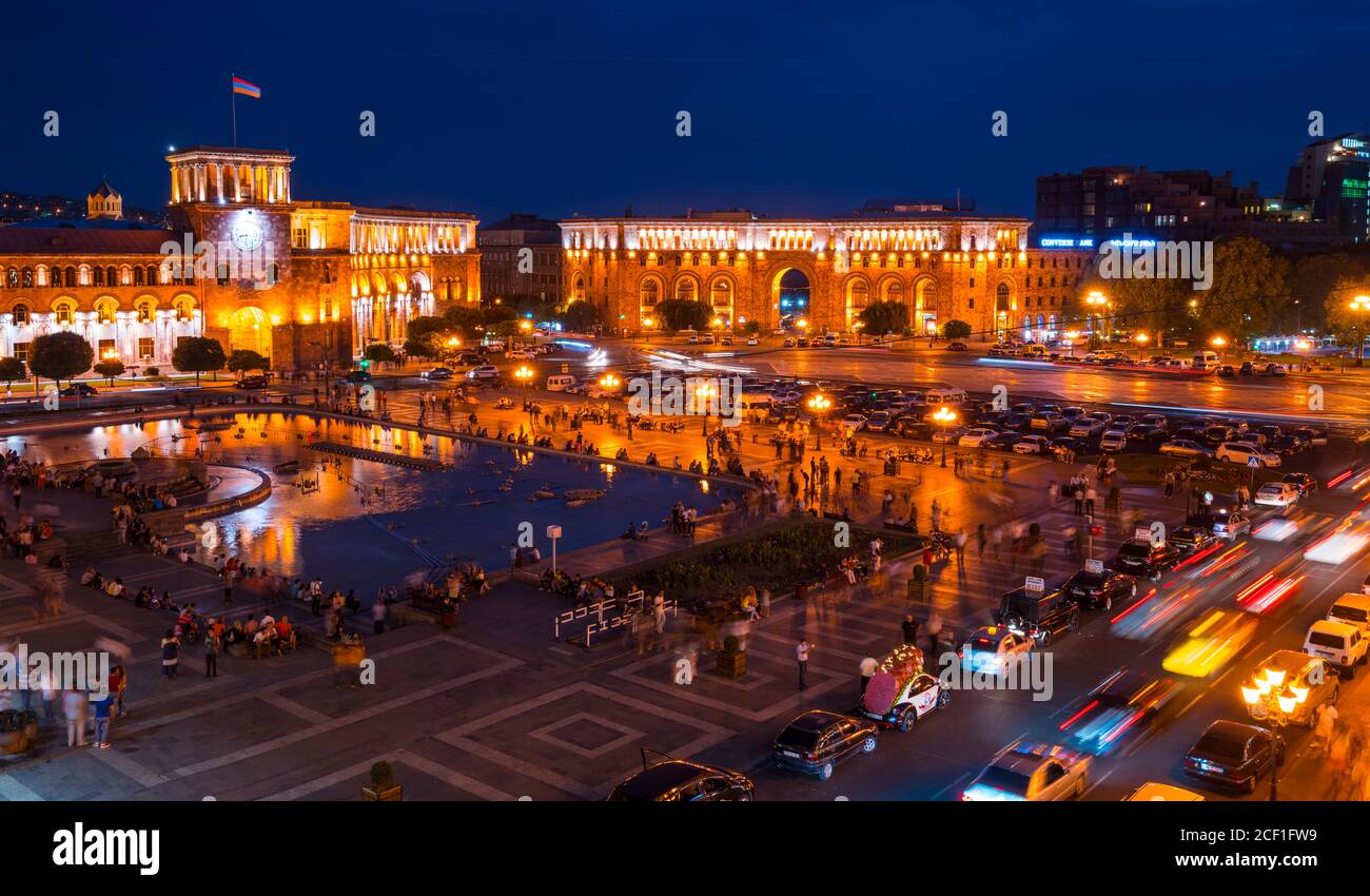 Republic Square at night, Yerevan City, Armenia, Middle East Stock ...
