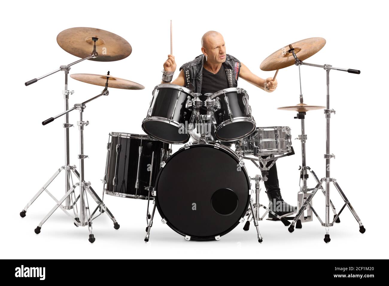 Punk male drummer playing a drum set isolated on white background Stock ...