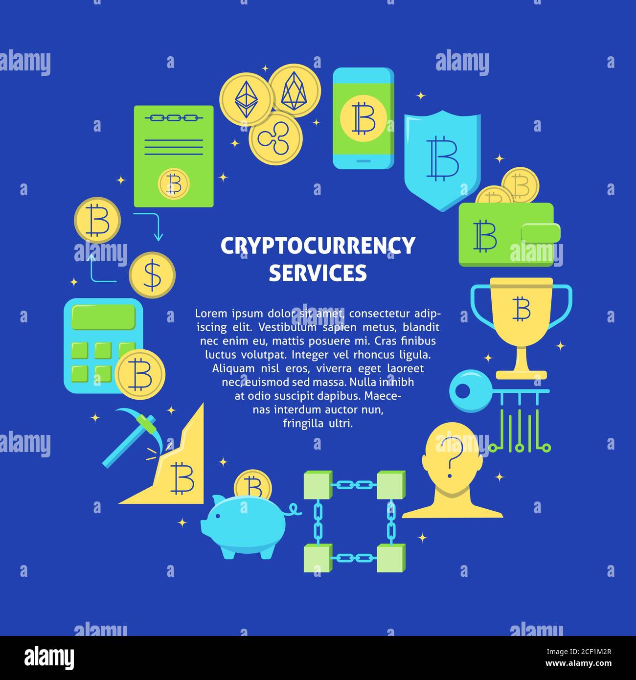 Cryptocurrency services round concept poster in flat style with place ...