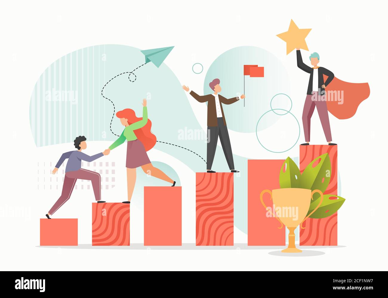 Business team male and female cartoon characters climbing up rising bar ...