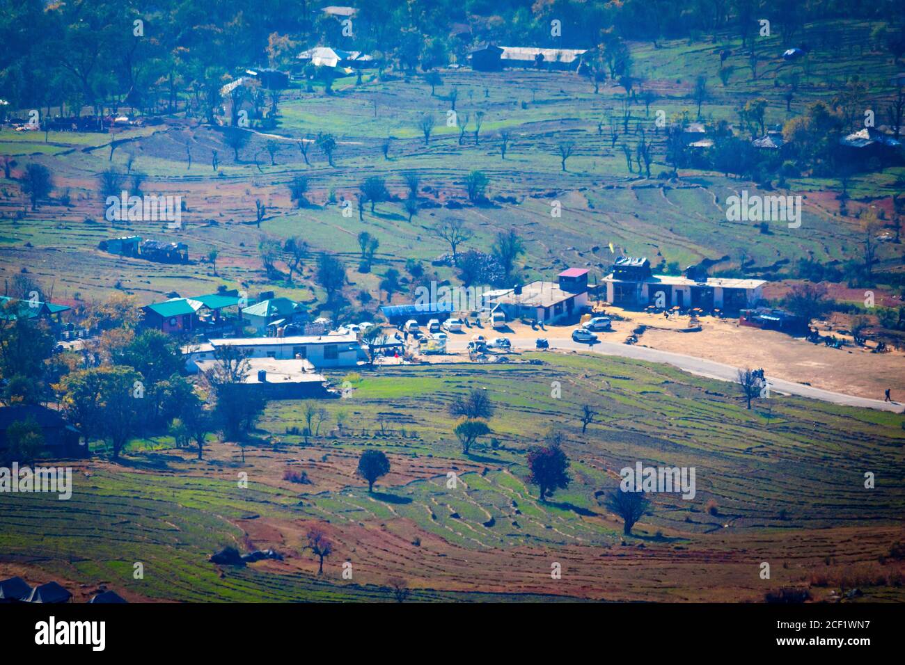 Bir Village from a high trekking point in Himachal Pradesh, India. Bir ...
