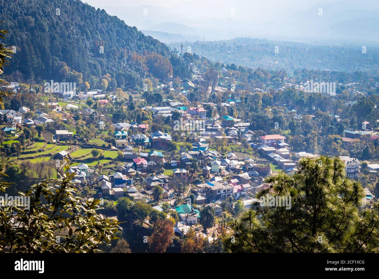Bir Village from a high trekking point in Himachal Pradesh, India. Bir ...