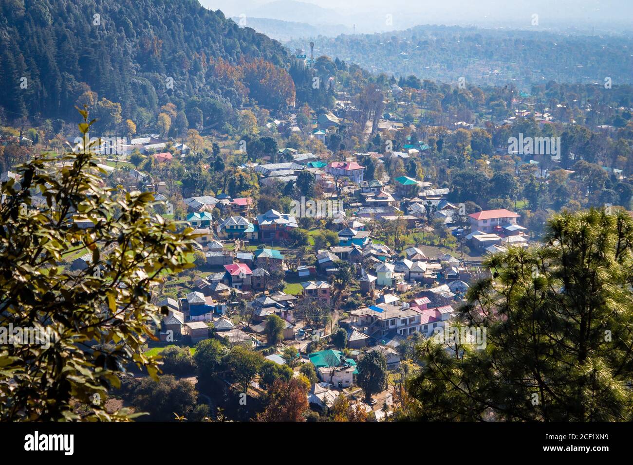 Bir Village from a high trekking point in Himachal Pradesh, India. Bir ...