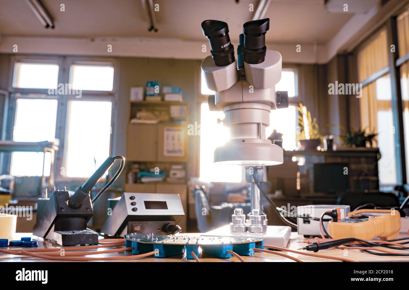 Large modern electron microscope. Microwave coaxial connector and ...