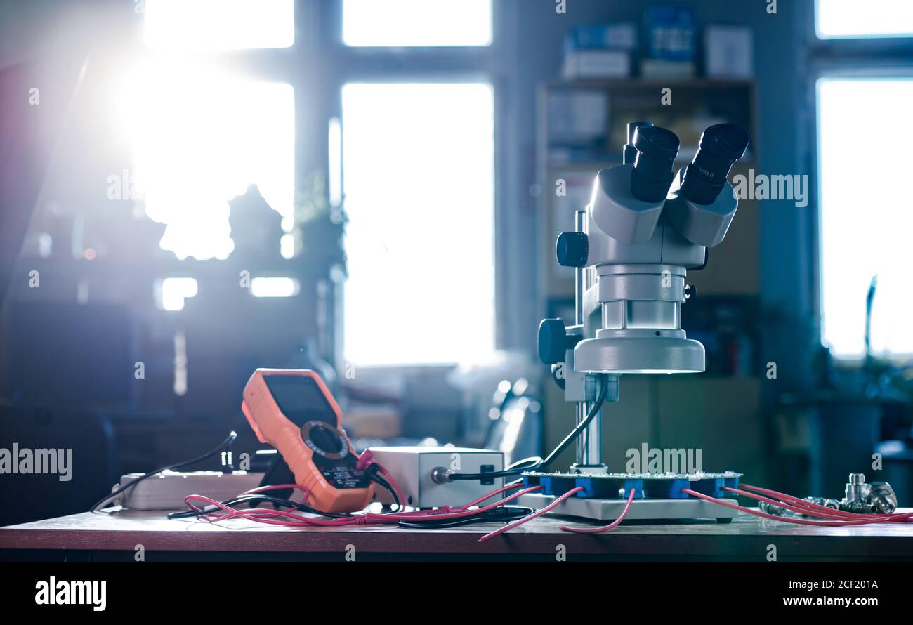 Large modern electron microscope. Microwave coaxial connector and ...