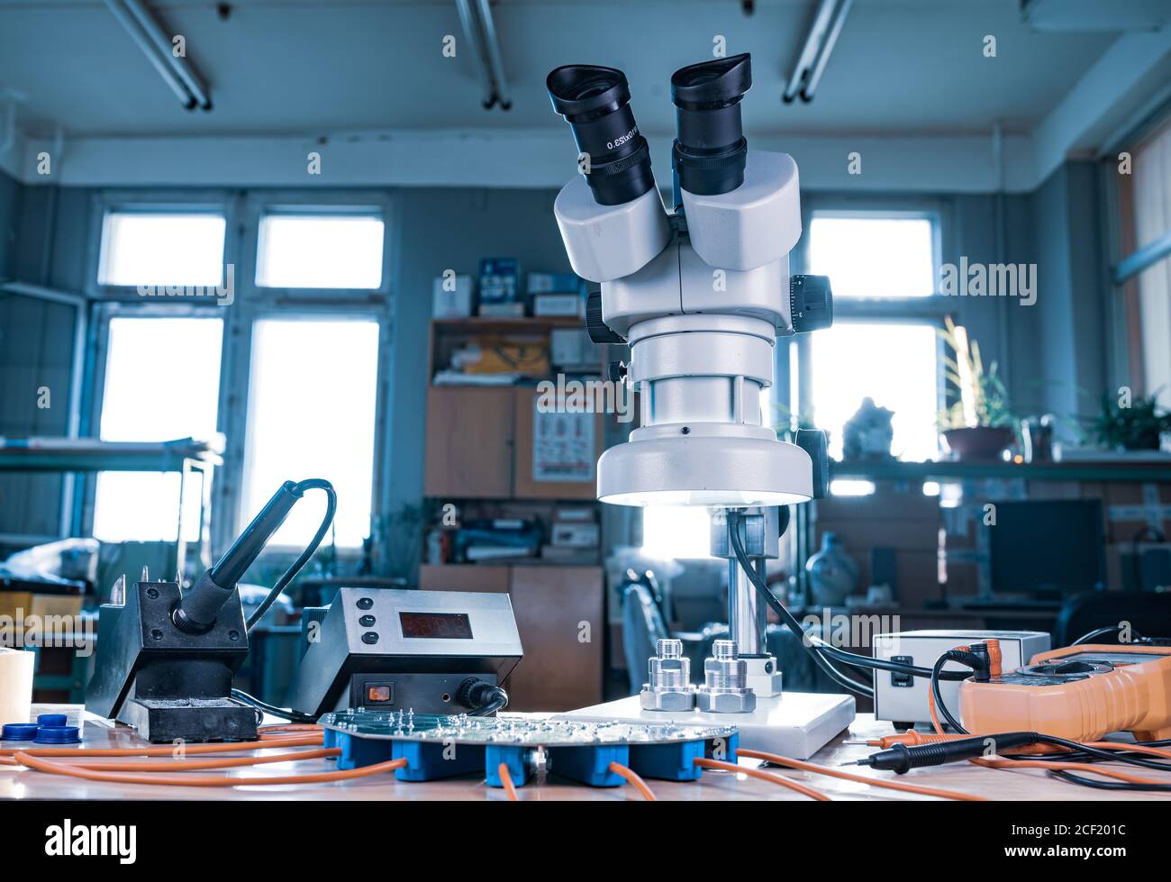 Large modern electron microscope. Microwave coaxial connector and ...