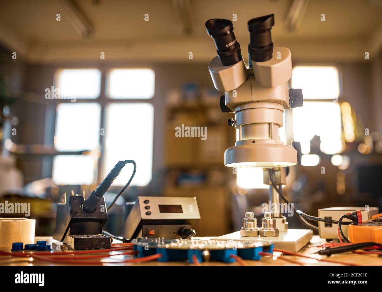 Large modern electron microscope. Microwave coaxial connector and ...