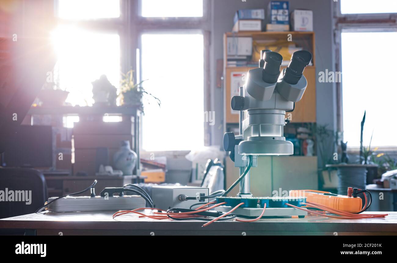 Large modern electron microscope. Microwave coaxial connector and ...
