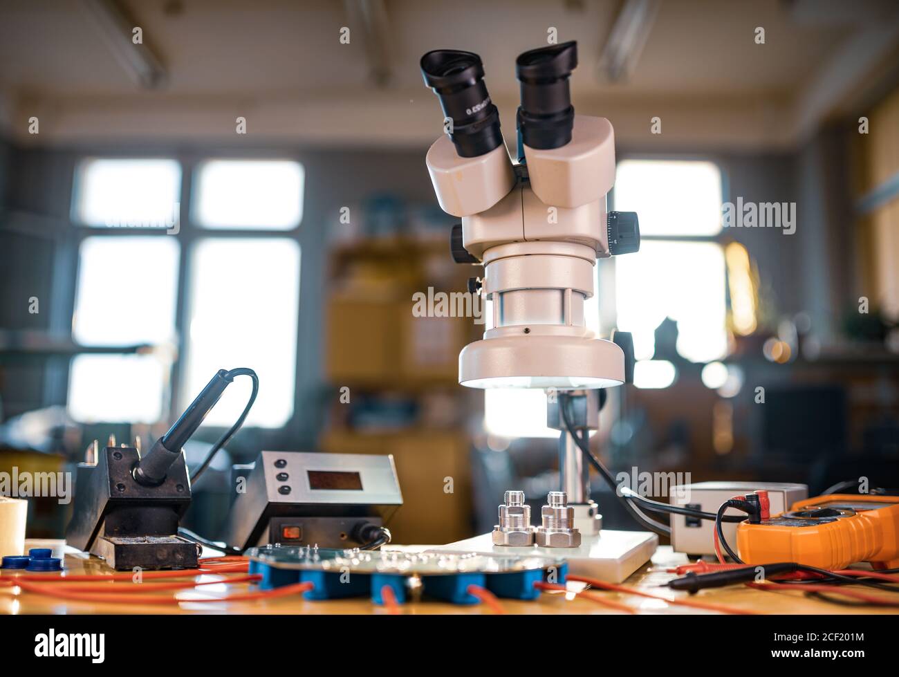Large modern electron microscope. Microwave coaxial connector and ...