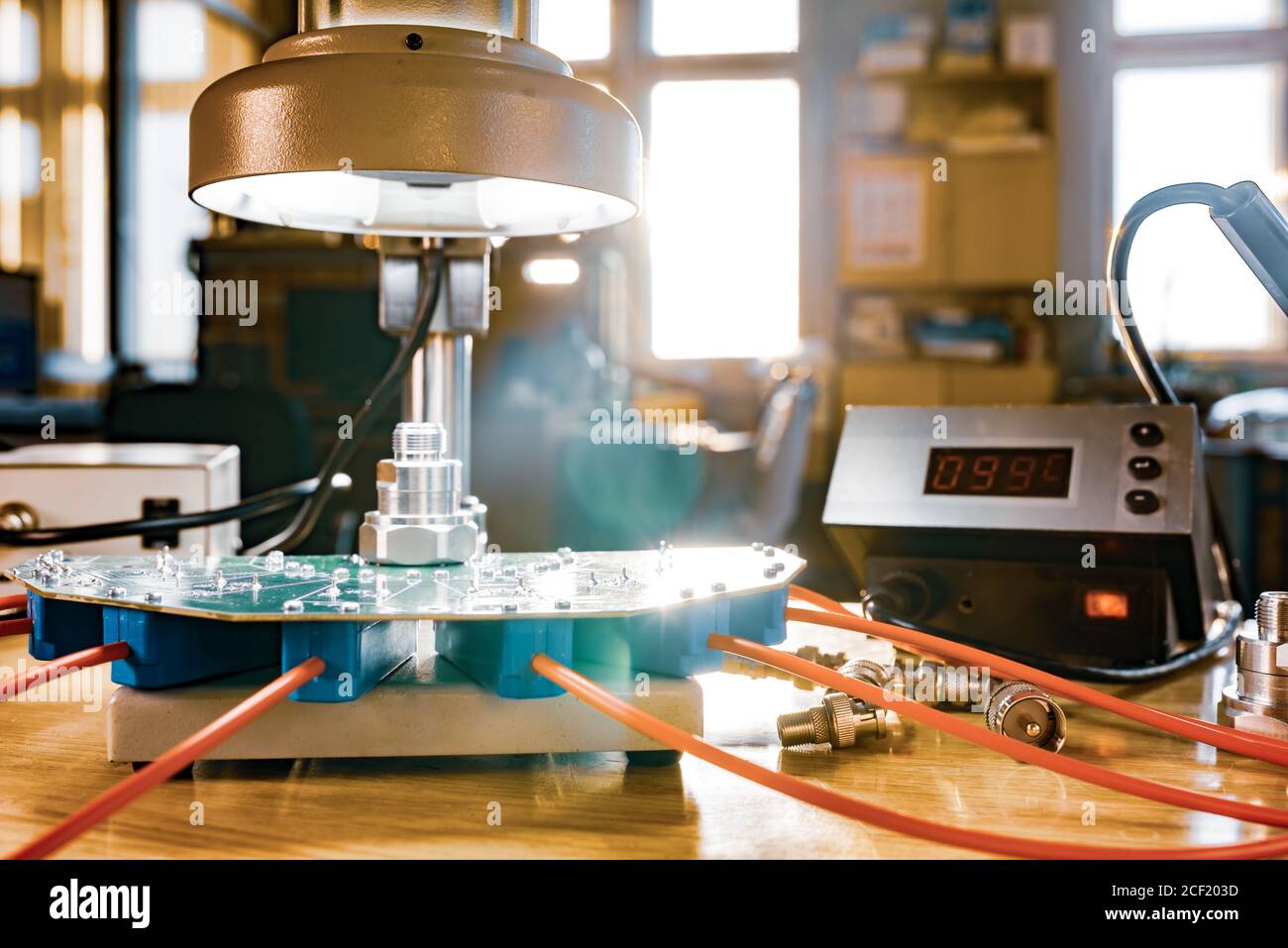 Large modern electron microscope. Microwave coaxial connector and ...