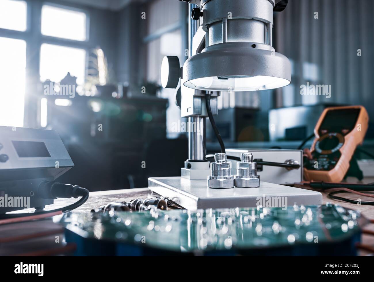 Large modern electron microscope. Microwave coaxial connector and ...