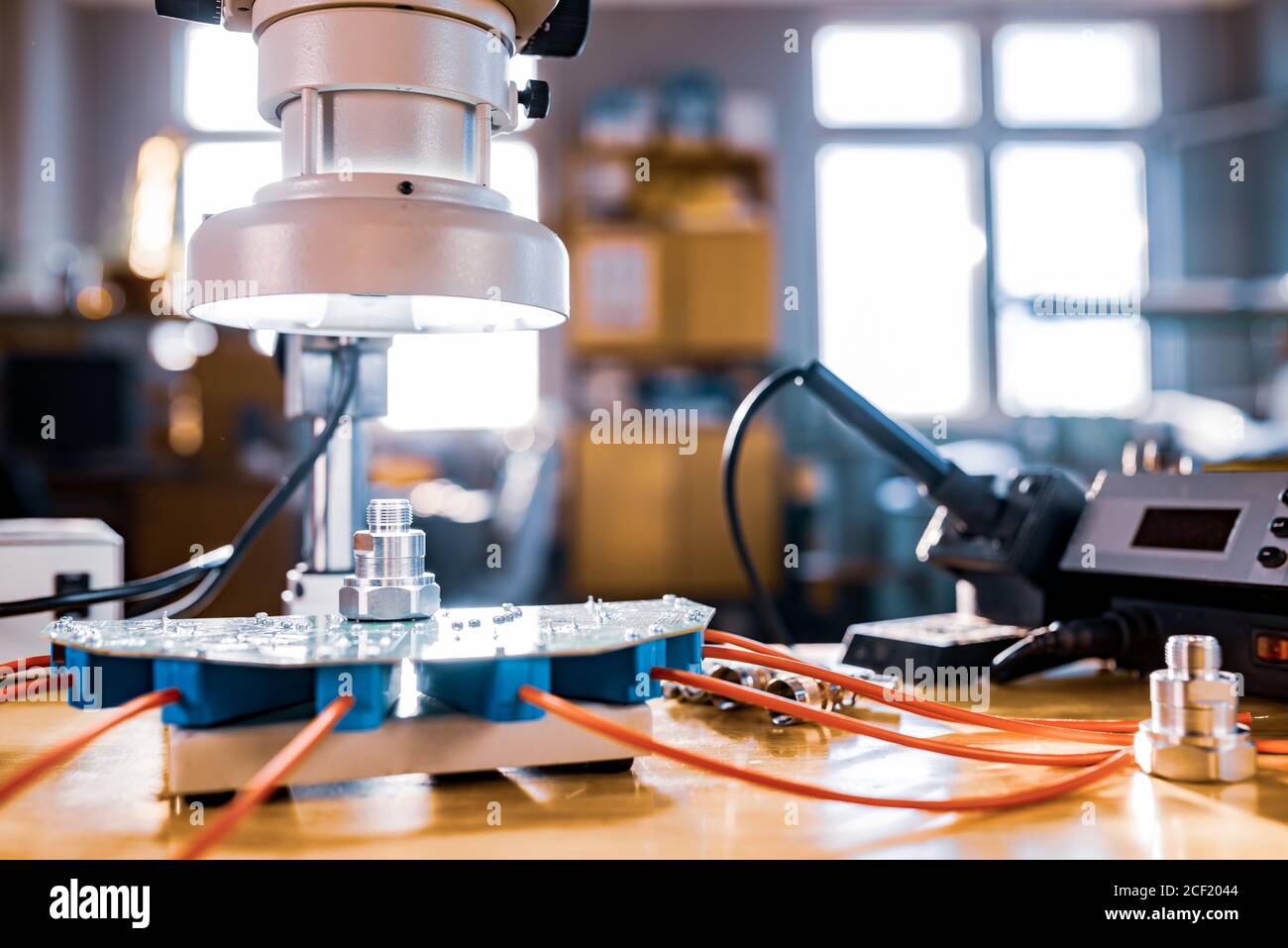 Large modern electron microscope. Microwave coaxial connector and ...