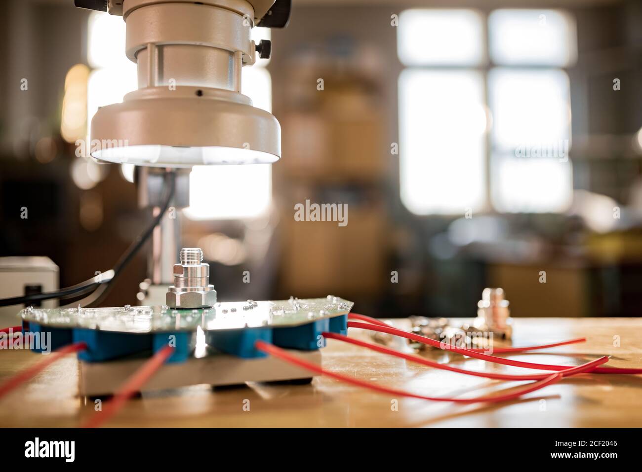 Large modern electron microscope. Microwave coaxial connector and ...