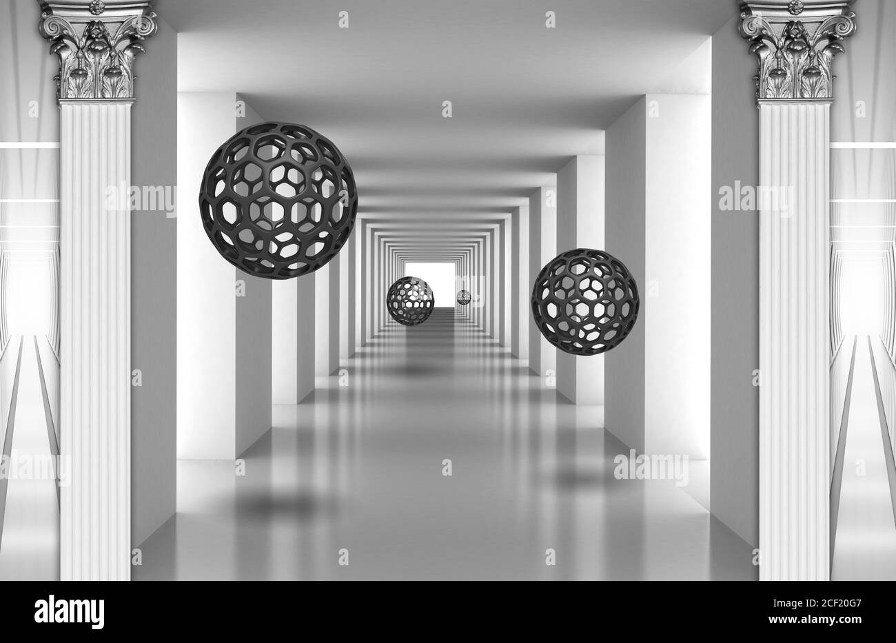 3d mural digital illustration silver tunnel with sphere and columns ...