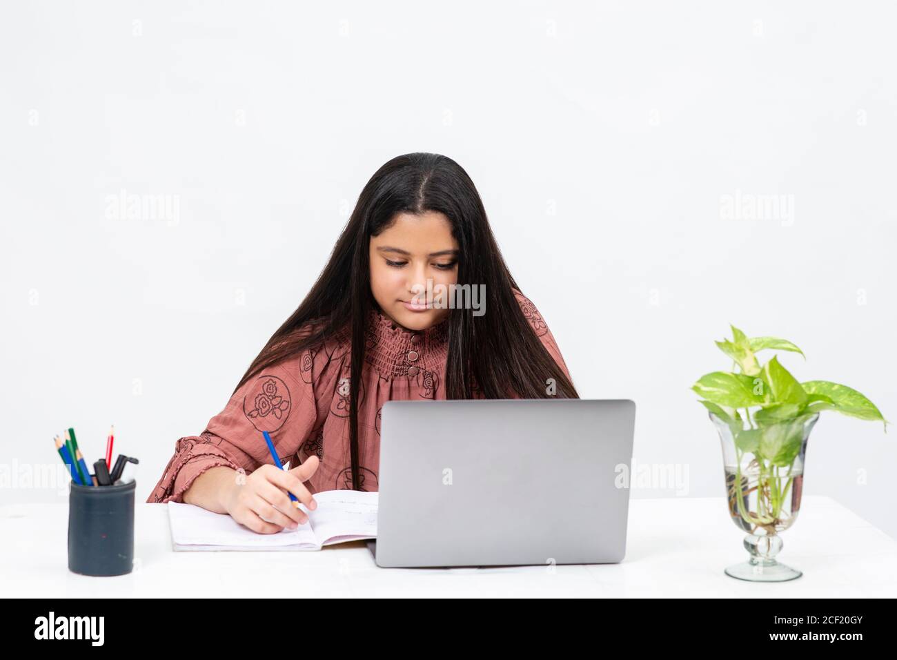 Portrait of a young Indian girl writing down notes as she sits infront ...