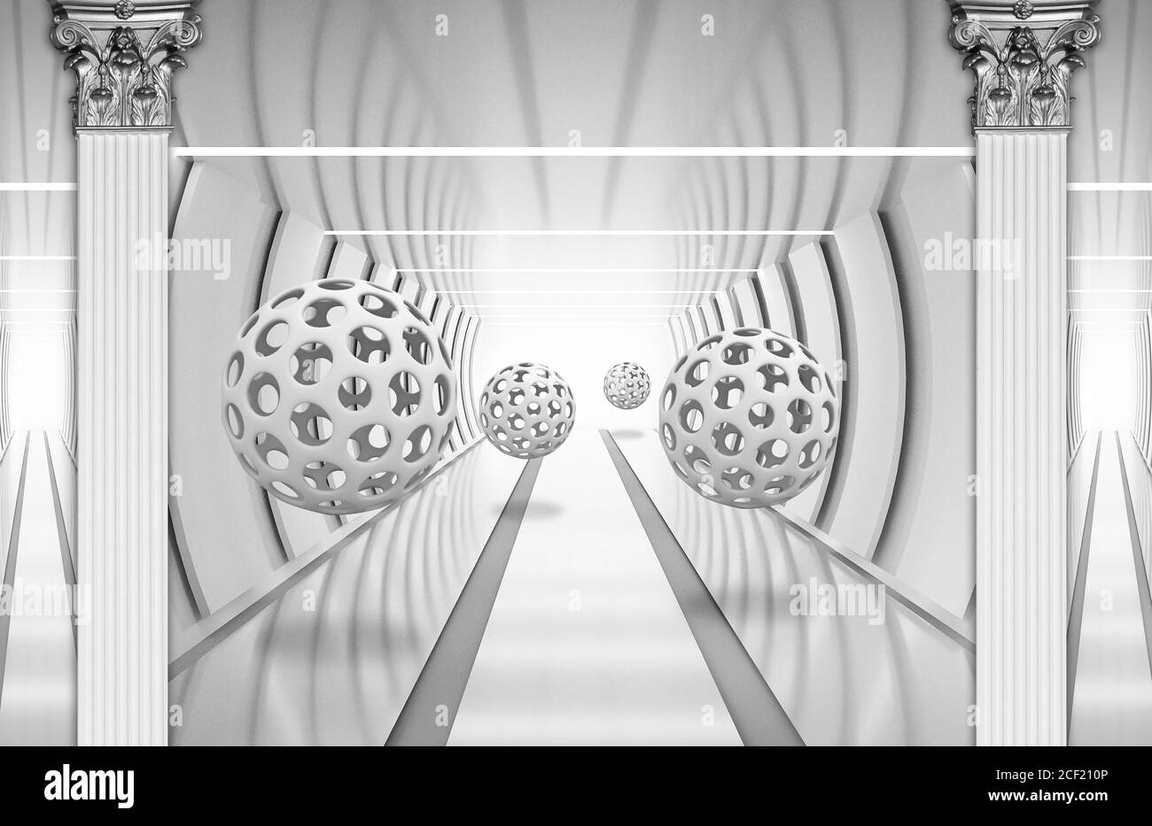 3d mural digital illustration silver tunnel with sphere and columns ...