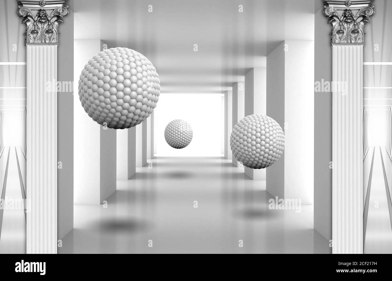3d mural digital illustration silver tunnel with sphere and columns ...