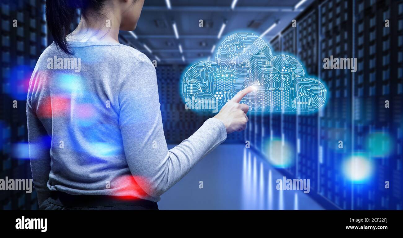 Cloud computing technology with server room and worker with graphic ...
