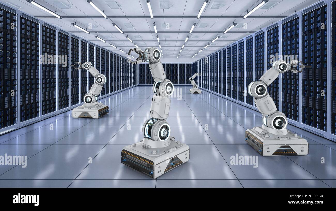 Automation server room with 3d rendering group of robot arms work in server room Stock Photo - Alamy