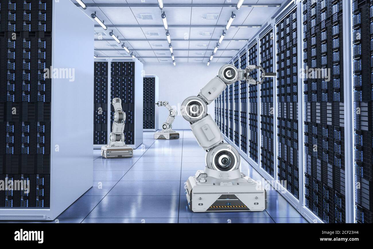 Automation server room with 3d rendering group of robot arms work in ...