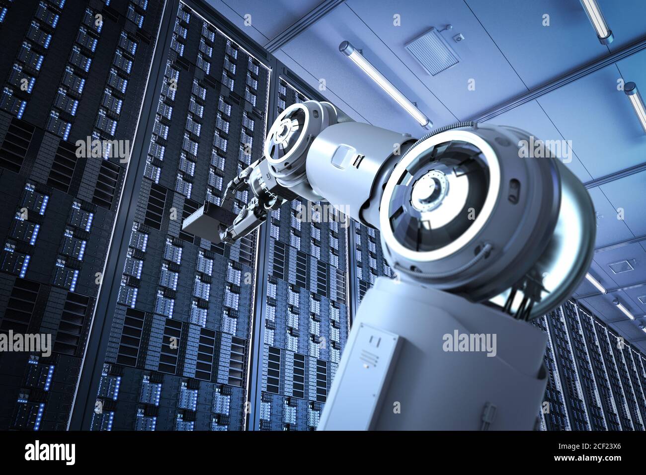 Automation server room with 3d rendering robot arm works in server room ...