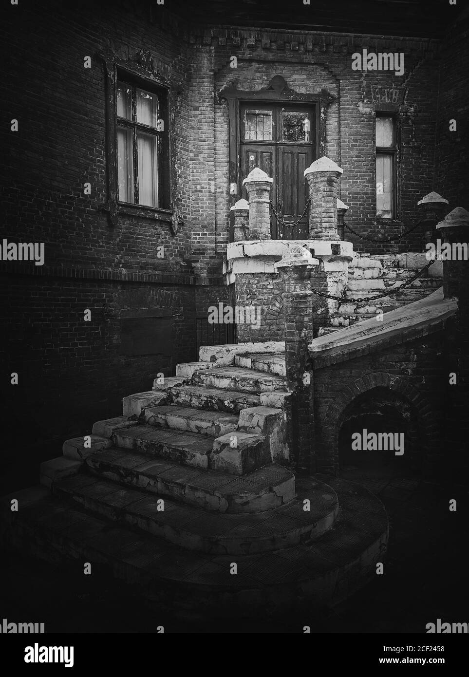 Black and white exterior architecture details, old staircase leads to ...
