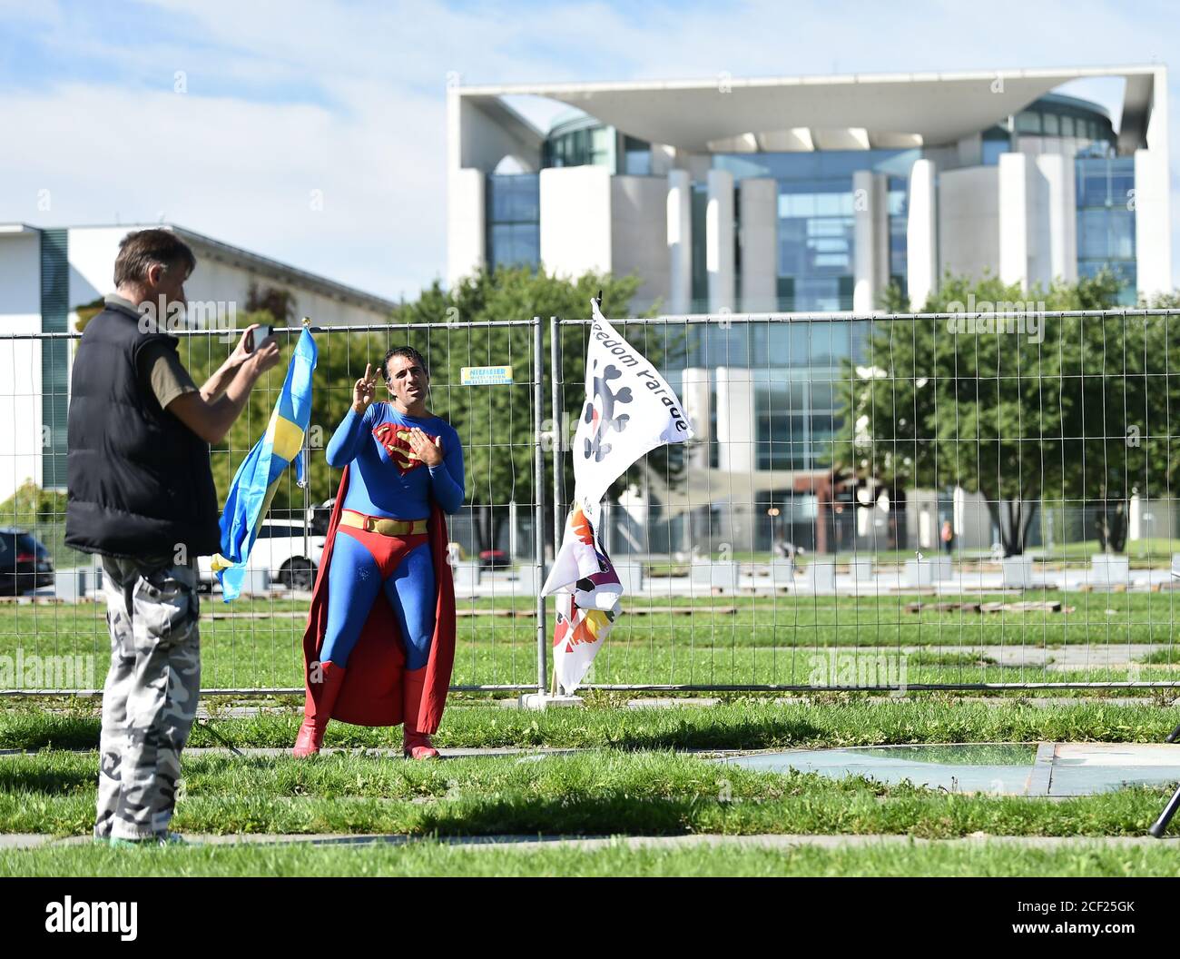 Berlin, Germany. 03rd Sep, 2020. A demonstrator stands disguised as ...