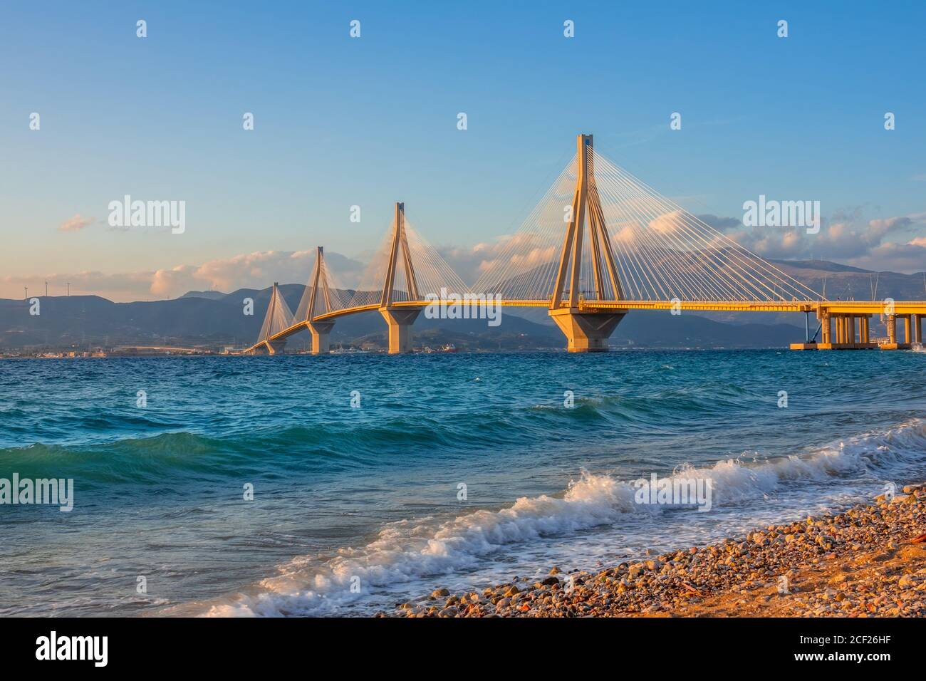 Greece. Gulf of Corinth and Rio Antirio Bridge. Sunset lighting Stock ...