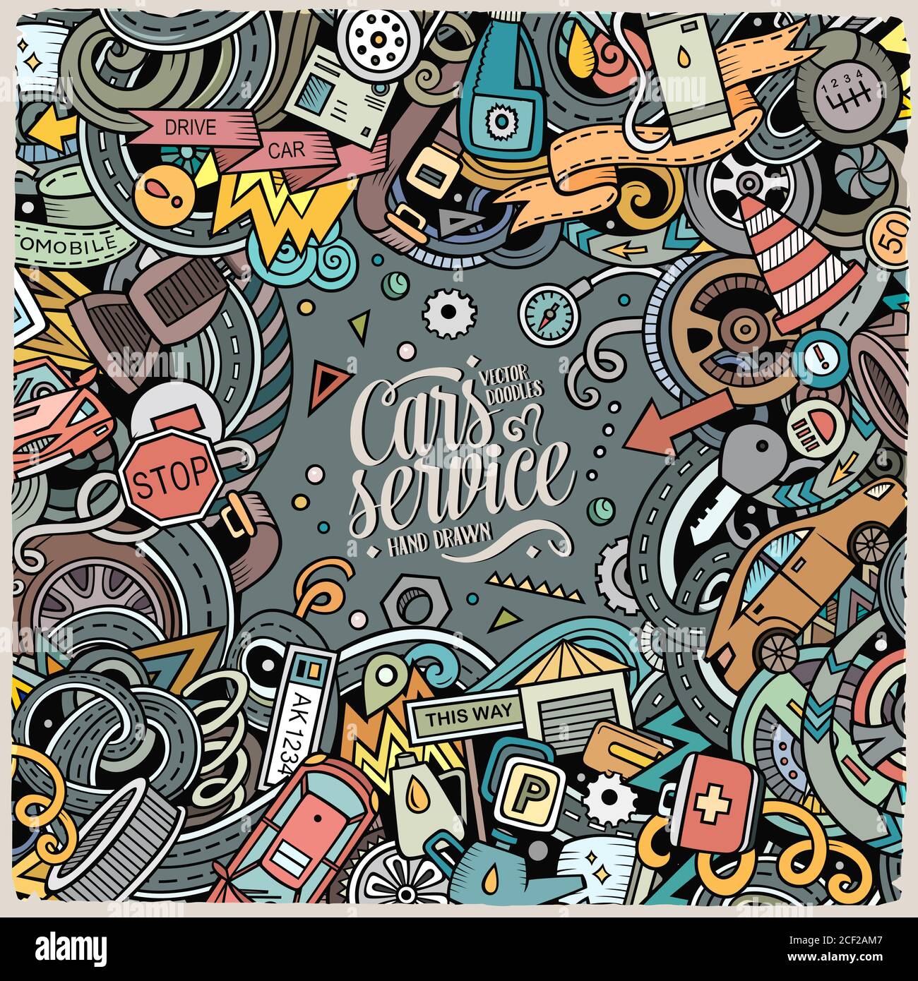 Cartoon cute doodles Vehicle frame. Border with cars symbols and items ...