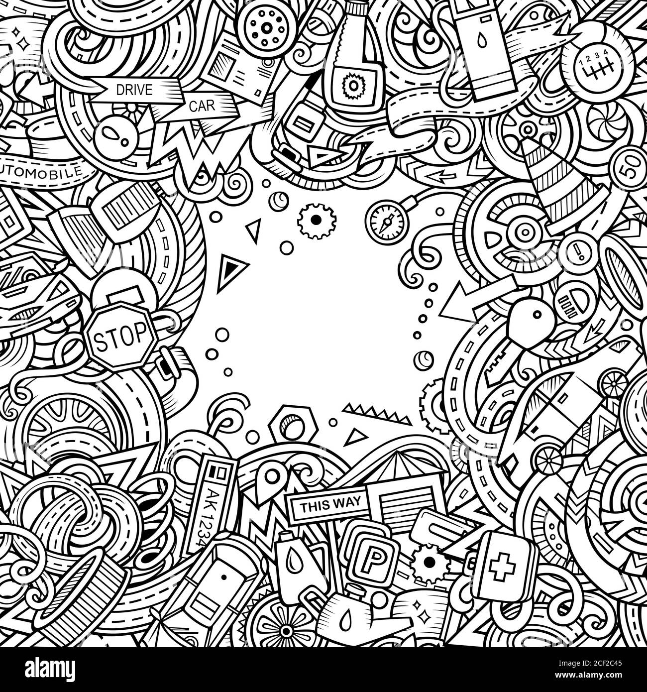 Cartoon cute doodles Vehicle frame. Border with cars symbols and items ...