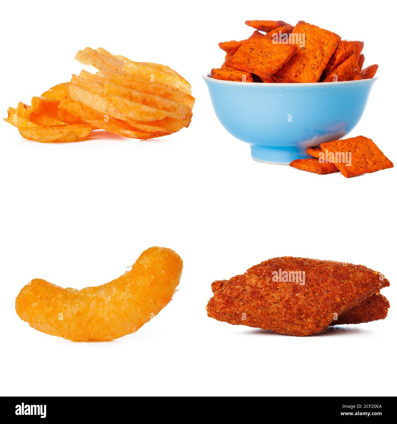 Salty snacks isolated on white background collage Stock Photo - Alamy