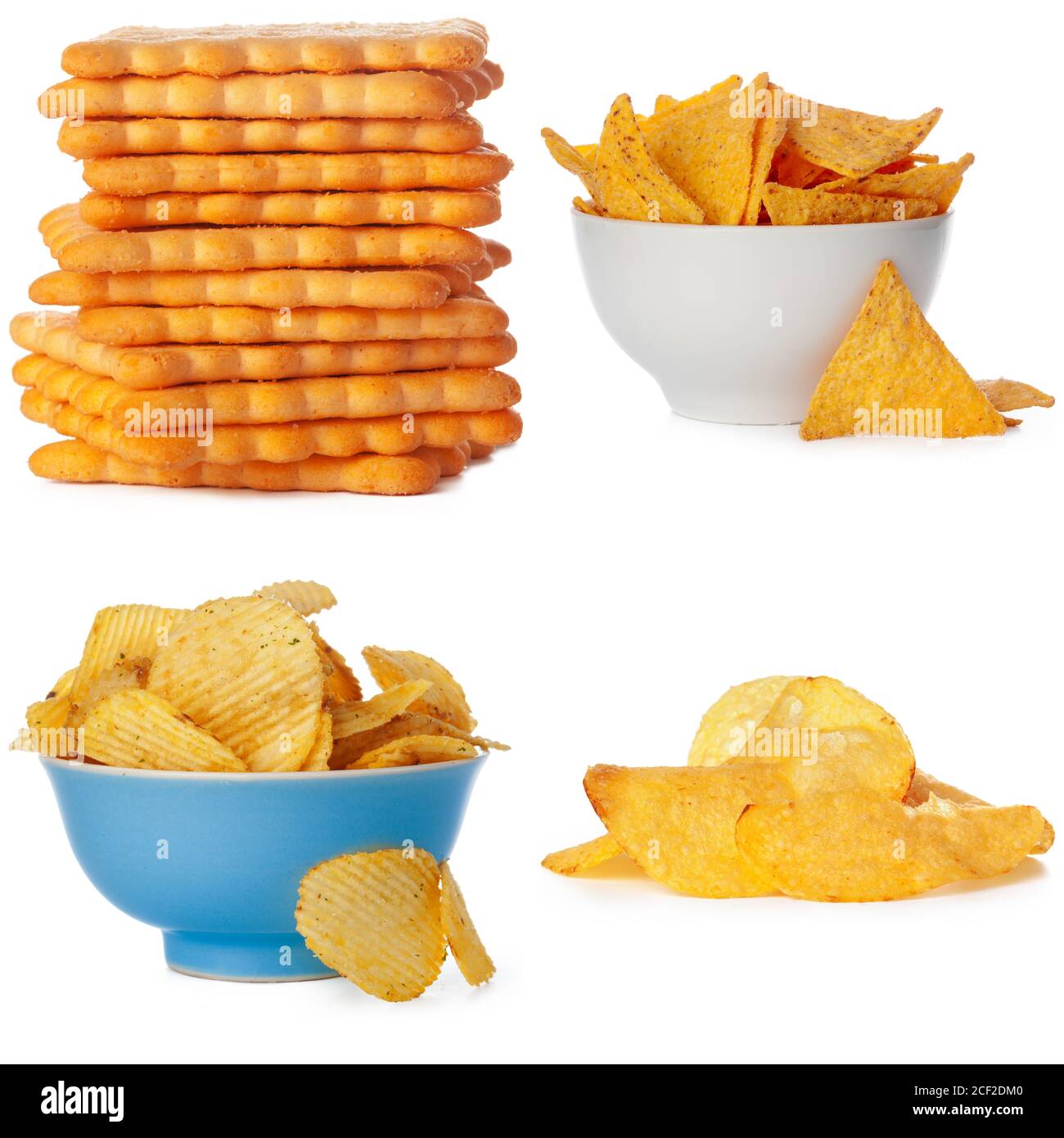 Salty snacks isolated on white background collage Stock Photo - Alamy