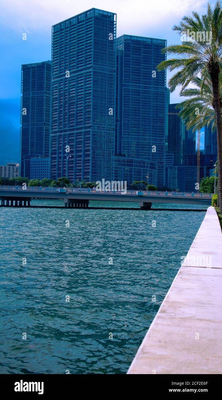View of buildings in Brickell Miami next to the Brickell Key Drive ...