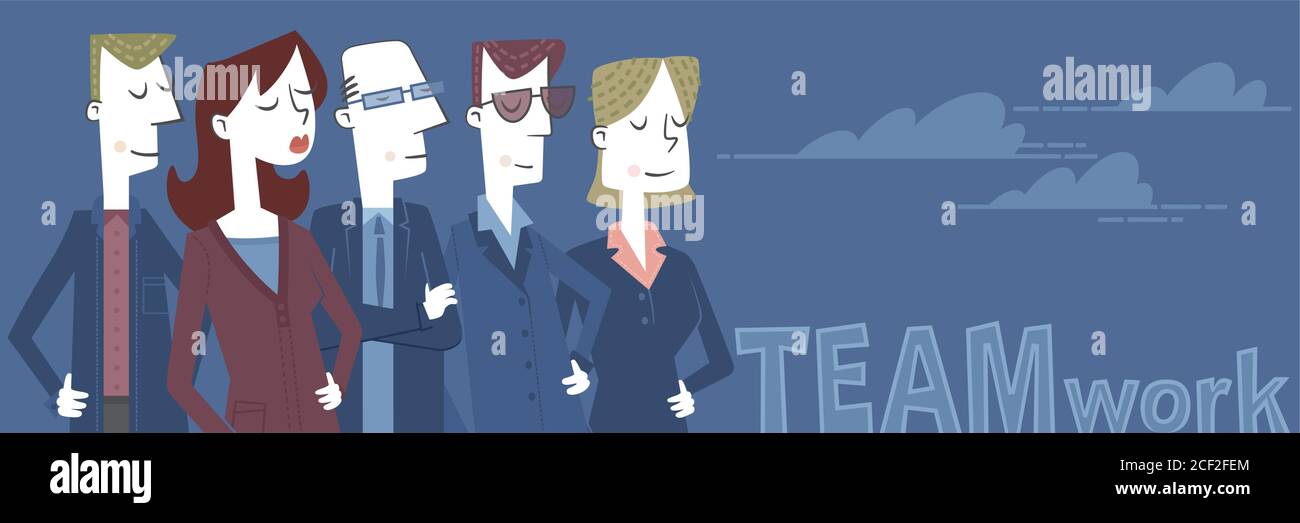 Retro style illustration of several people who form a teamwork Stock ...
