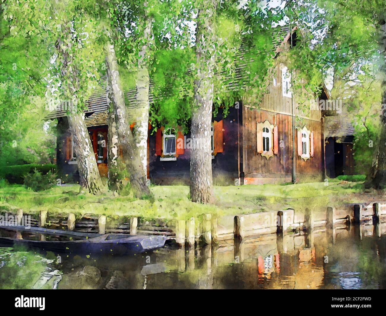 Digital watercolor illustration of Spreewald forest in Brandenburg ...