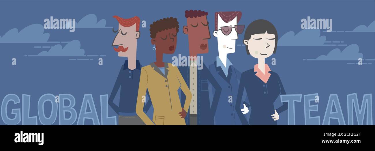 Retro style illustration of various people of different races forming a ...