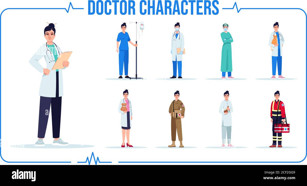Asian doctor semi flat RGB color vector illustration set. Herbal ...