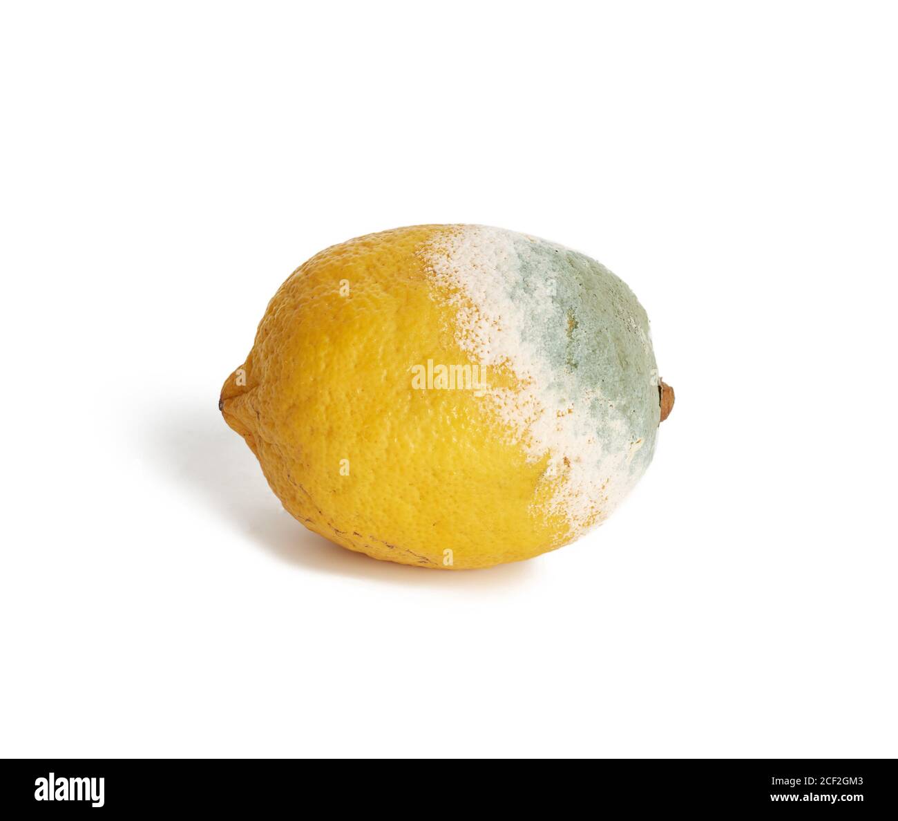 yellow lemon with mold on a white background, top view, spoiled fruit ...