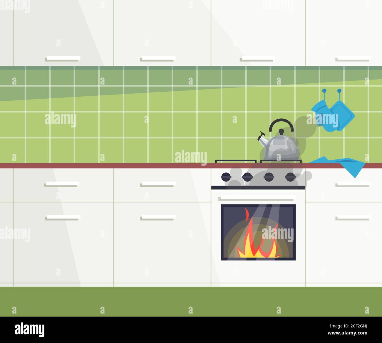 Kitchen on fire semi flat vector illustration. Raging fire in oven ...