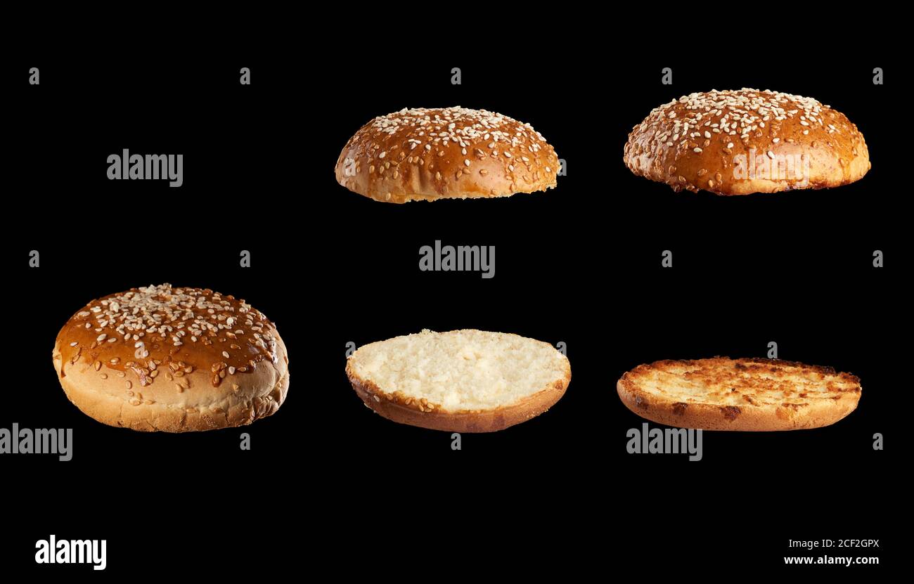 set of baked sesame seed buns: whole, halves and grilled halves, black ...